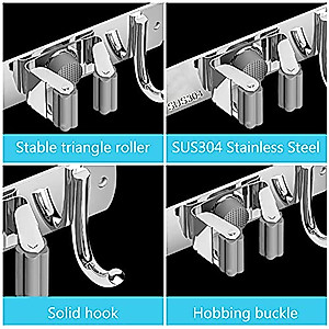 2 Pack Mop and Broom Holder, Broom Holder Wall Mount, Broom Organizer Wall Mount, Stainless Steel Broom Holder with 3 Racks and 4 Hooks, Mop Holder for Home Kitchen Office Garden Garage