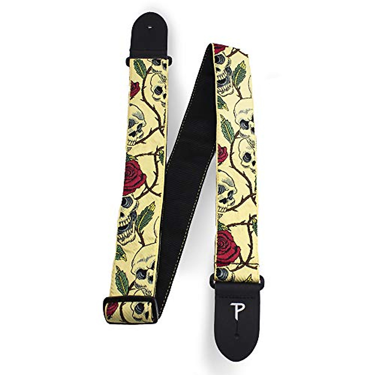 Perris Leather Guitar Strap - Skulls & Roses Jacquard Ribbon Guitar Strap, with Leather Ends - Electric/Acoustic/Bass Guitar Strap - Adjustable Strap From 39″ to 58″ - Red/Black (TWS-7071)