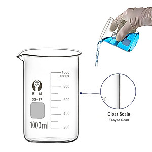 Glass Beakers Set, ZEEROQOLAB 5pcs Measuring Pyrex Beaker 1000ml 500ml 250ml 100ml 50ml with 2pcs Cleaning Brush, 3pcs Droppers and 2pcs Glass Stirring Rods