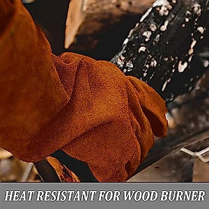 OLSON DEEPAK Welding Gloves HEAT RESISTANT Baking Grill Gloves Tig and Mig Welder Gloves Fireplace Gloves for Fireproof Wood Stove Glove (Brown-14inch)