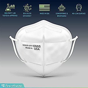 Breatheze KN95 Face Mask Made in USA Disposable Masks Breathable Face Mask Kn95 Mask White Facemask High-Filtration Protective Barrier Face Covering Elastic Ear Loops Adjustable Nose Clip 10 pack