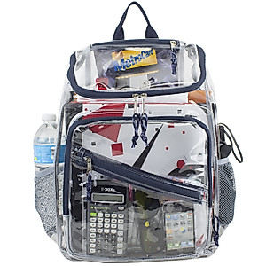Eastsport Durable Clear Top Loader Backpack with Adjustable Printed Straps - Transparent - Navy Blue/Purple/Brushstroke Print Straps