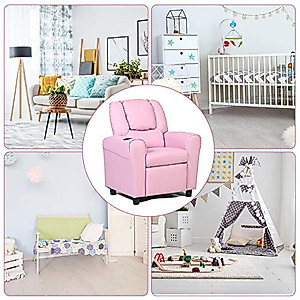 Costzon Kids Recliner Chair with Cup Holder, Toddler Furniture Children Armrest Sofa w/Headrest & Footrest for Girls Boys Baby Bedroom, Kids Room, PU Leather Kids Recliner Couch (Pink)