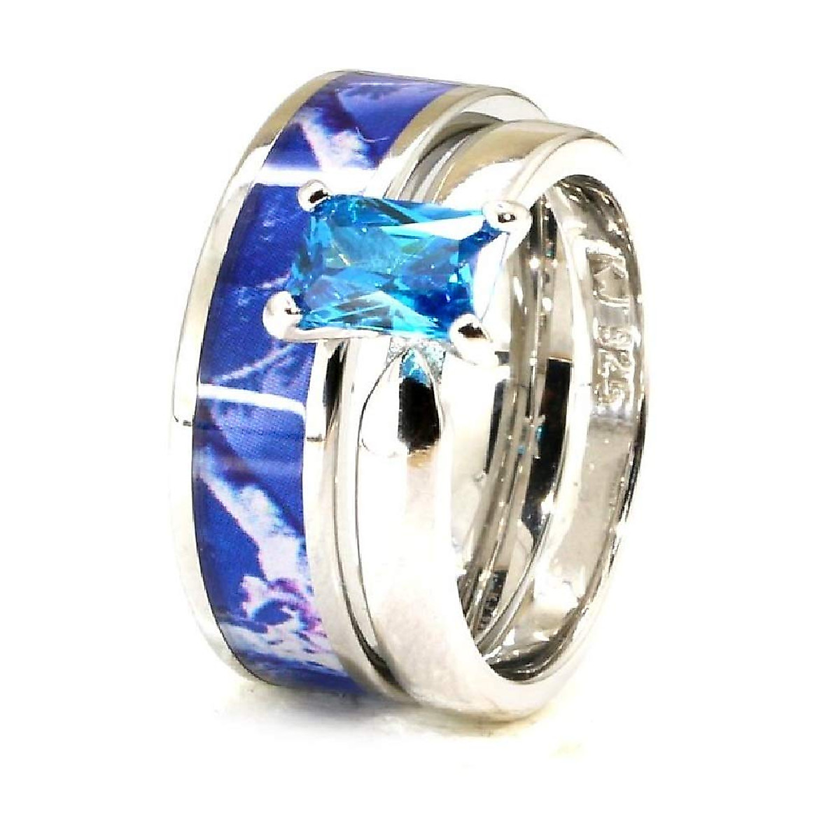 2 pc Womens Blue Camo Stainless Steel and Sterling Silver Engagement Wedding Rings Set (10)