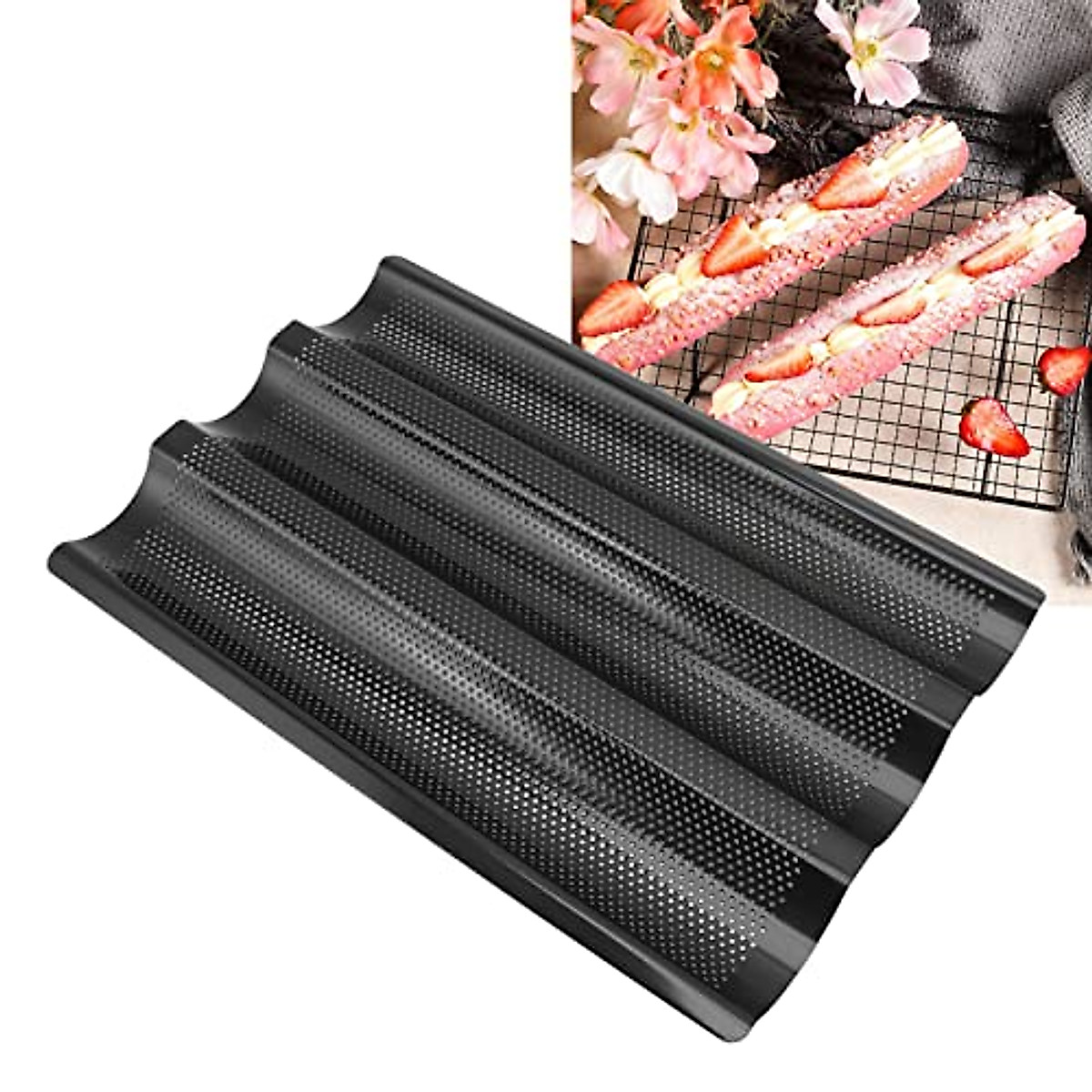 Baguette Pan, French Bread Pan Easy To Release 3 Slots Easy To U Shape Black Uniform Heating Stainless Steel for Kitchen