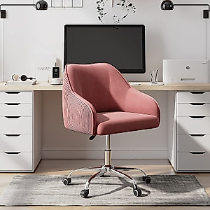 CAELUM Cute Pink Desk Chair for Teen Girl Kids, Home Office Computer Desk Chairs with Wheels and Arms, Comfy Velvet Fabric Swivel Rolling Task Chair Vanity Chair for Makeup Room, Bedroom, Living Room