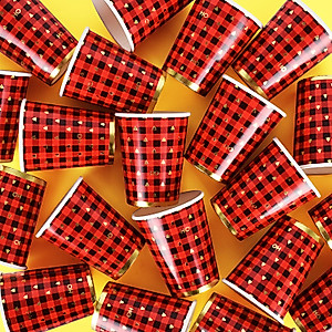 Gatherfun Christmas Cups, Red and Black Plaid Golden Christmas Tree Disposable Paper Cups for Christmas Party Supplies Decorations, 9 OZ 20 Pack