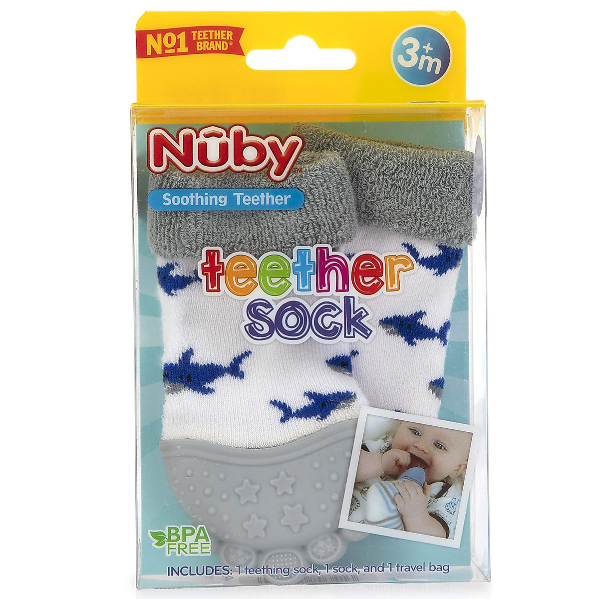 Nuby Soothing Teether Sock, Grey Shark, 5"