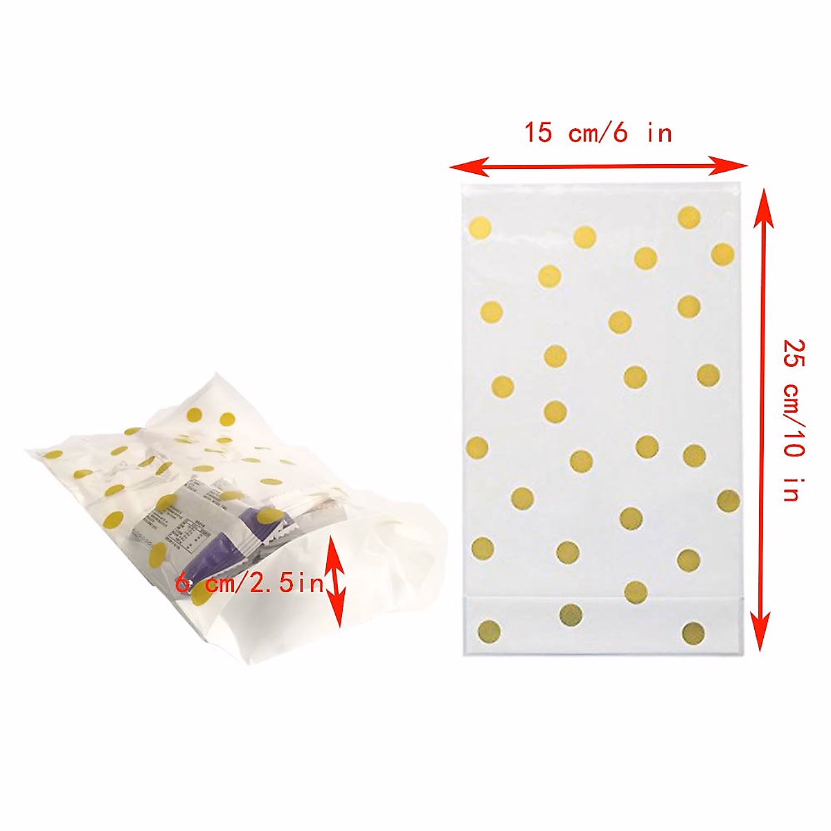 Gold Polka Dot Clear Cello Candy Favor Bags,Cellophane Cookie Treat Plastic Bags,with Gold Twist Ties, Pack of 50
