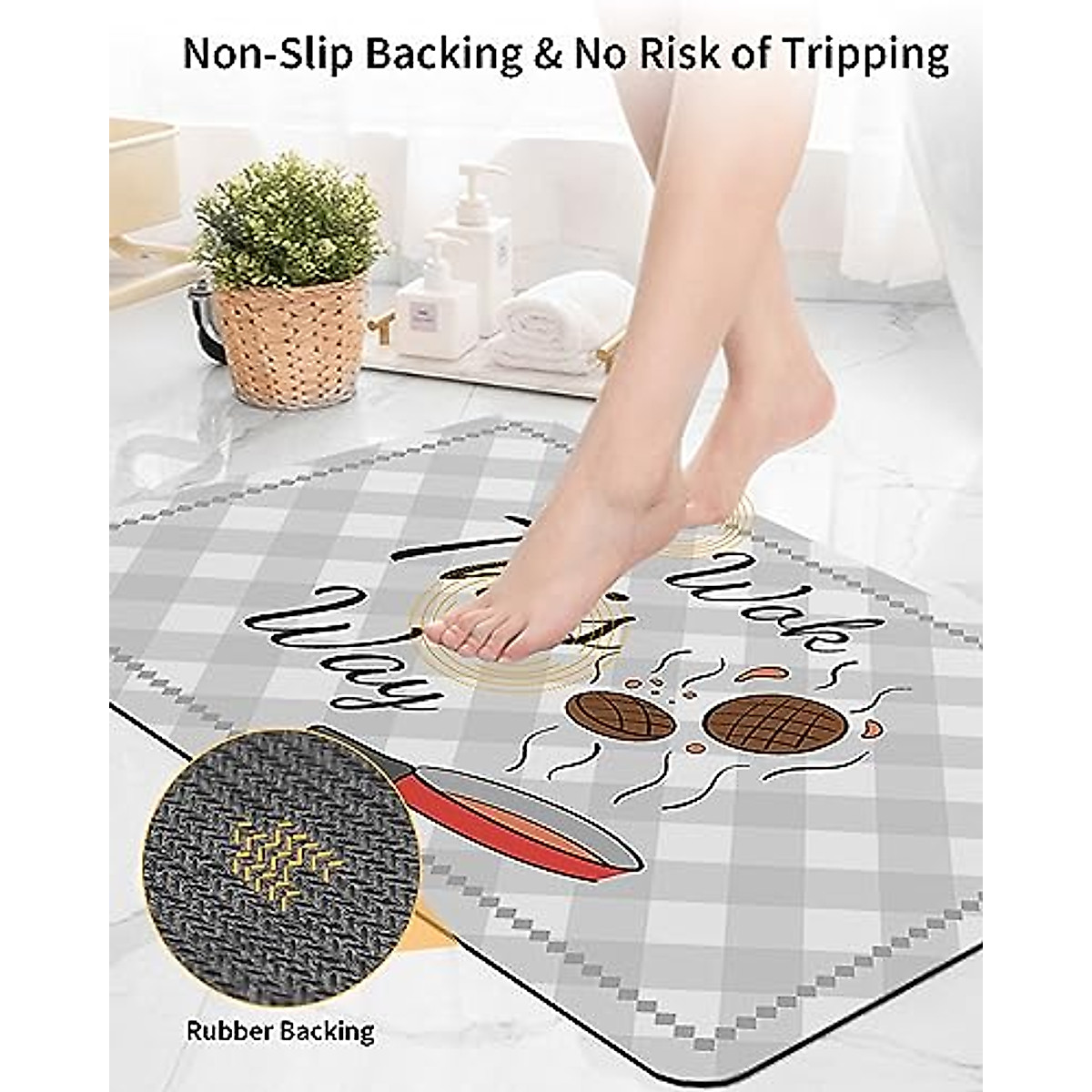 Gogobebe Super Absorbent Diatom Mud Mat Wok This Way Kitchen Sign Gray Checked Quick-Drying Thin Bath Mat Non-Slip Bathtub Mat Anti-Skid Rubber Bathroom Shower Mat 16x24in