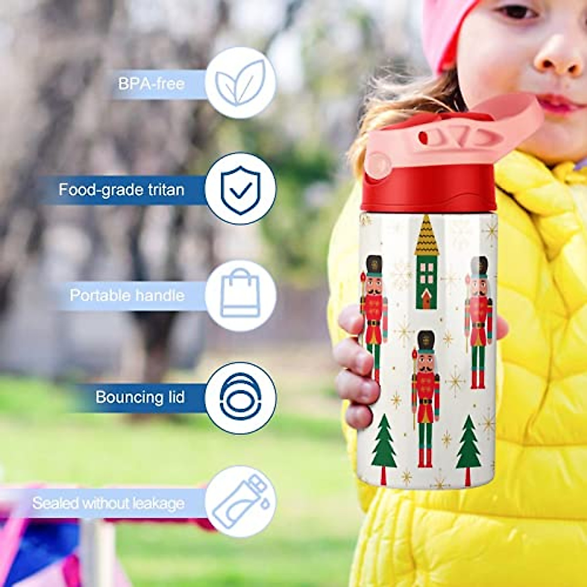 Kids Water Bottle, Christmas Nutcracker Tree Insulated Water Bottle Stainless Steel with Straw, Easy Open And Clean Leak Proof 17oz/ 500ml, Ideal for School Travel And Outdoor Activities