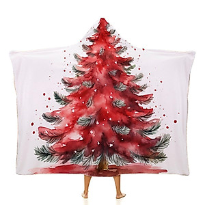 Soft Cozy Blanket Red Watercolor Christmas TreeWearable Blanket-Super Soft Plush Warm Blanket Throw BlanketsXmas Tree Blanket Hoodie for Women Men for Couch Bed 40"x50" Spring Summer Blanket Hoodie