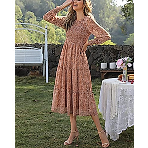 kimralur Womens Casual Long Sleeve Midi Fall Dress Crew Neck Boho Floral Print Smocked Ruffle Tiered Flowy Long Dress
