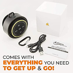 iFox Portable Bluetooth Shower Speaker, IPX7 Waterproof Outdoor Wireless Speaker, Built-in Mic, Carabiner, Beach, Camping, Hiking, Pool, Great Gift, Black/Gold