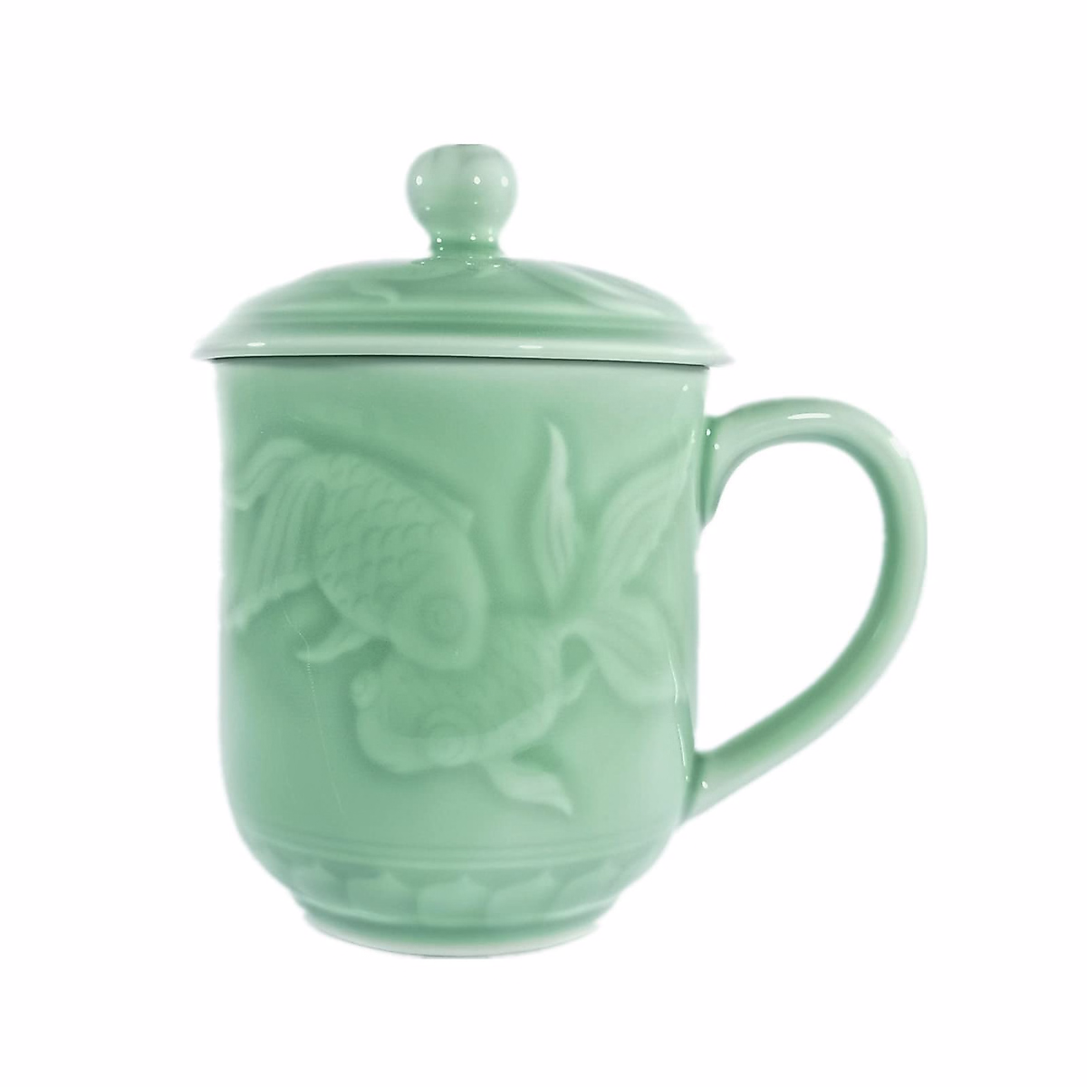 Handmade Celadon Coffee Mug Tea cup with Lid 13oz Porcelain Milk Cup Embossed with Goldfish Ceramic Microwave and Dishwasher Safe (Green)