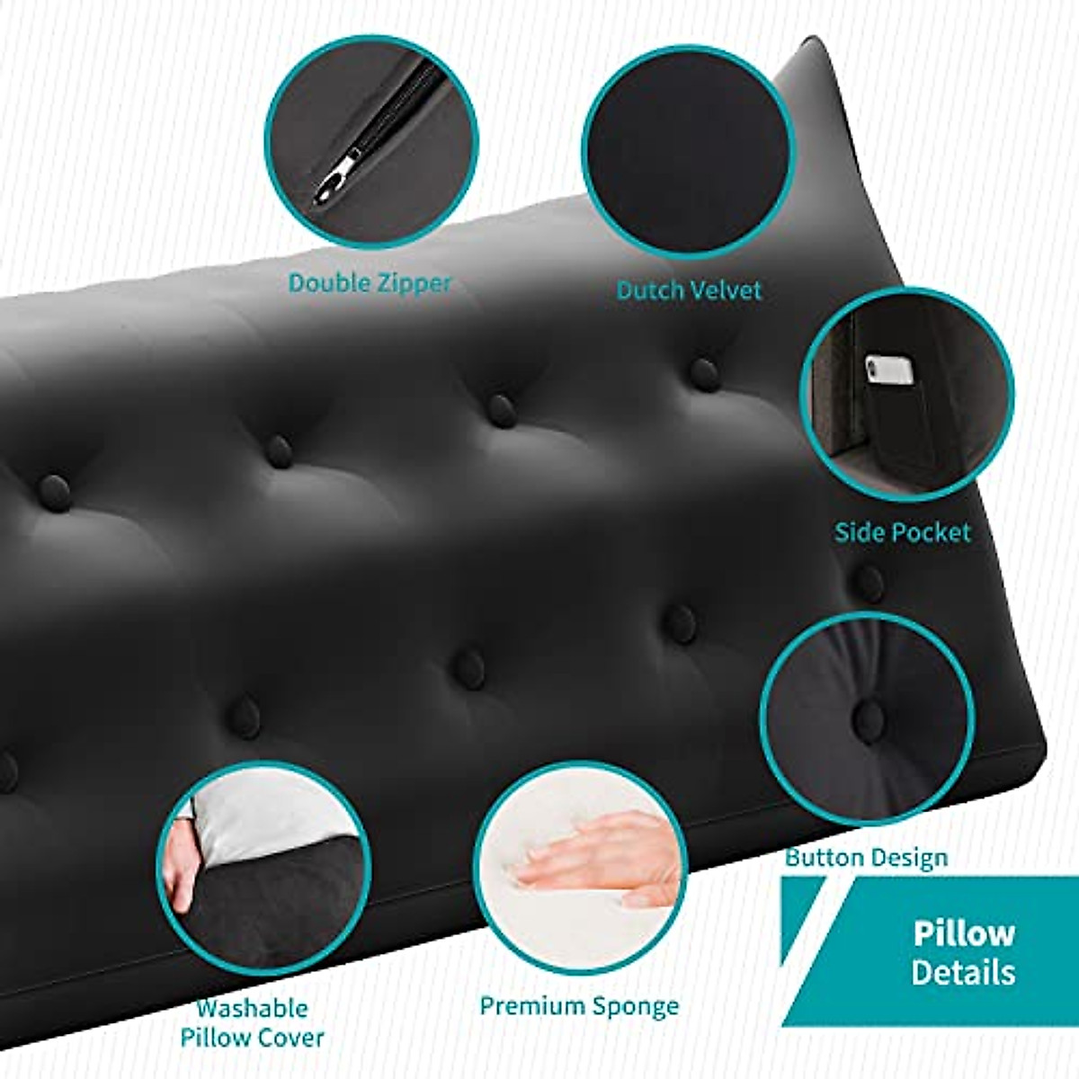 BALUS Headboard Wedge Pillow Reading, Backrest Pillows for Sitting in Bed, Long Sponge Pillows, Reading Bolster Pillow, Velvet Sectional Couch, Twin Bed Pillows, Sleep Wedge Pillow Black