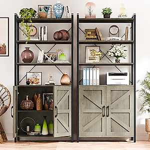 Vabches Modern Industrial Bookshelves and Bookcases with Doors Floor Standing 6 Shelf Display Storage Shelves Wood and Metal Tall Bookcase for Home Office, Living Room, Grey
