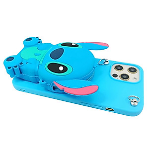 Maoerdo Case Compatible with iPhone 13 Pro Max Cute 3D Cartoon Purse Wallet with Lanyard Wrist Strap Silicone Cover Camera Lens Protector for iPhone 13 Pro Max 6.7-inch 2021 Alien Dog Blue