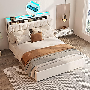 Queen Size Lift Up Storage Bed Frame with Adjustable Headboard, Charging Station, LED Lights, Wood Slats, Noise-Free, No Box Spring Needed, Beige