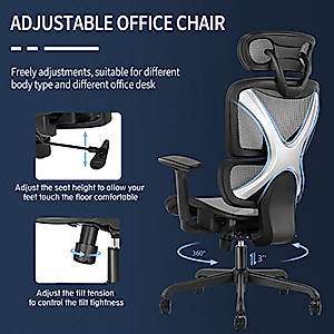 GABRYLLY Office Chair, Large Ergonomic Desk Chairs, High Back Computer Chair with Lumbar Support, 3D Armrest, Breathable Mesh, Adjustable Headrest, with Tilt Function, (Grey)29.5D x 40.9W x 51.2H Inch