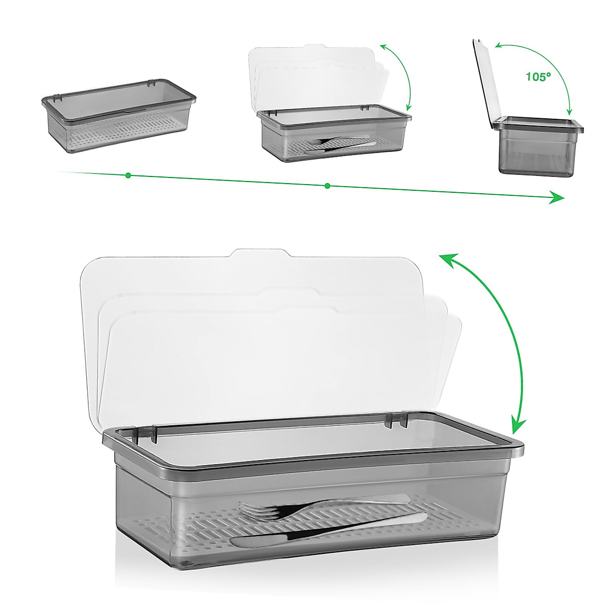 DOITOOL Flatware Tray with Lid and Drainer Kitchen Drawer Organizer, Kitchen Cutlery Tray and Utensil Drawer Organizer with Cover, Countertop Silverware Storage Container, 2.8x10x3.9