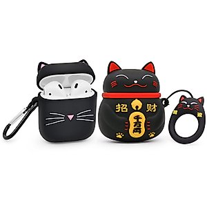 Megantree 2 Pack Cute Whisker Cat Airpods Case, Black Lucky Cat Airpods 2 Case, Funny 3D Cartoon Animal Cat Kitty Shockproof Soft Silicone Case with Keychain for Airpods 1st Generation, 2nd Generation