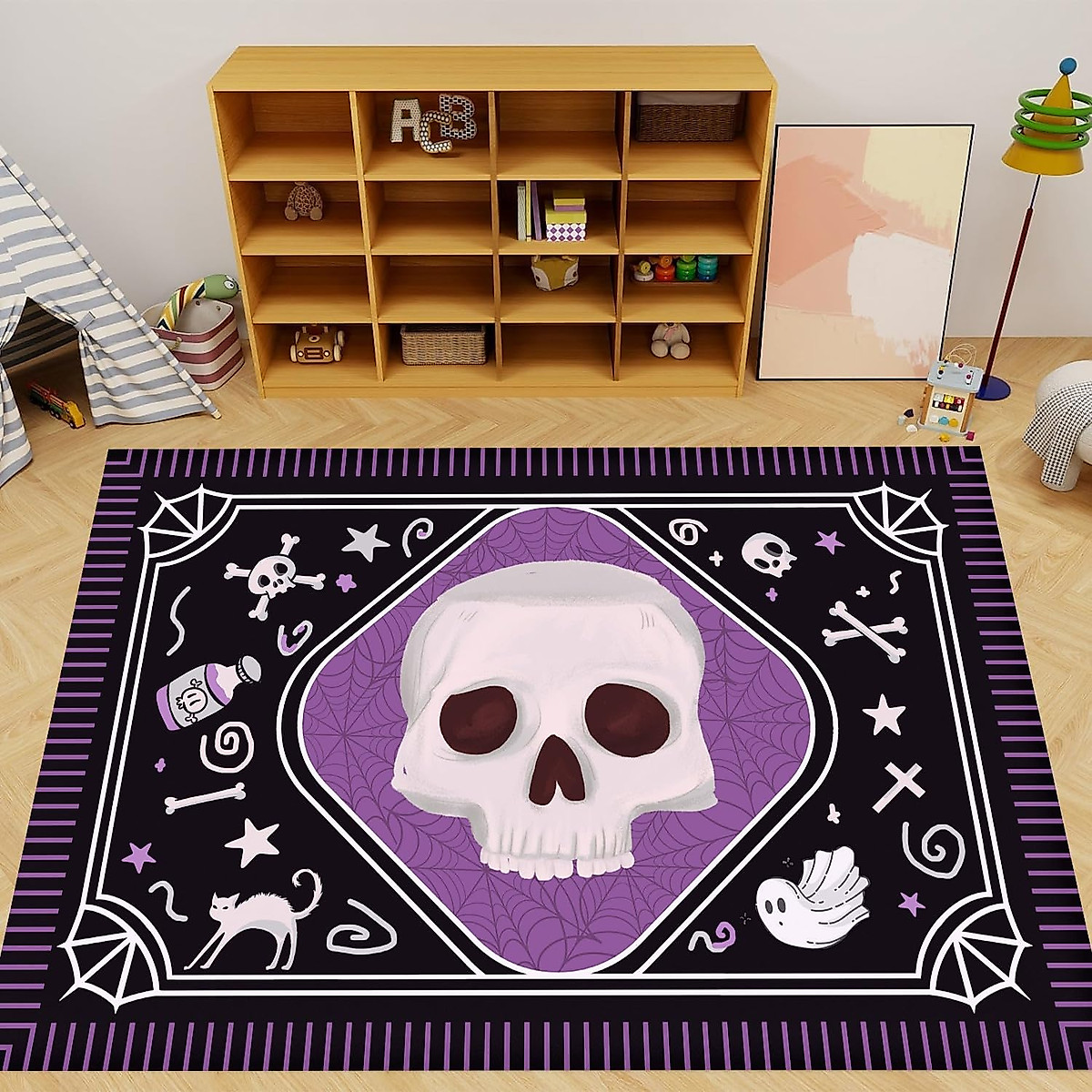 USHIRUG Halloween Area Rug, 3x5ft, Gothic Purple Cartoon Skull Ghost Non-Slip Living Room Rug, Cute Cartoon Halloween Theme Home Decoration for Boys Girls Bedroom Playroom Kids Room Floor Mat