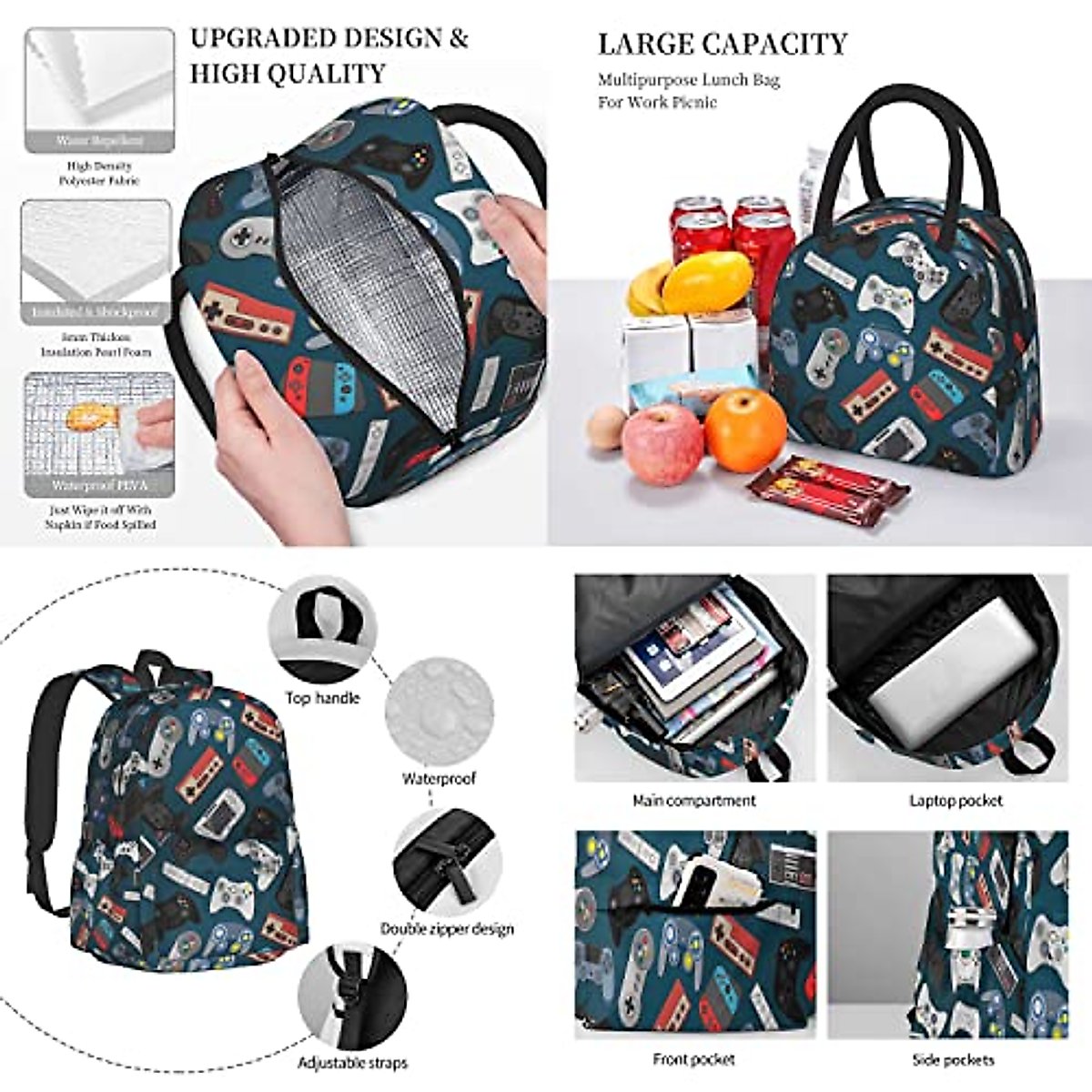 Oplp Video Game Controller Background Large Capacity Backpack Lunch Bag Pencil Case Combination 3 Piece Set