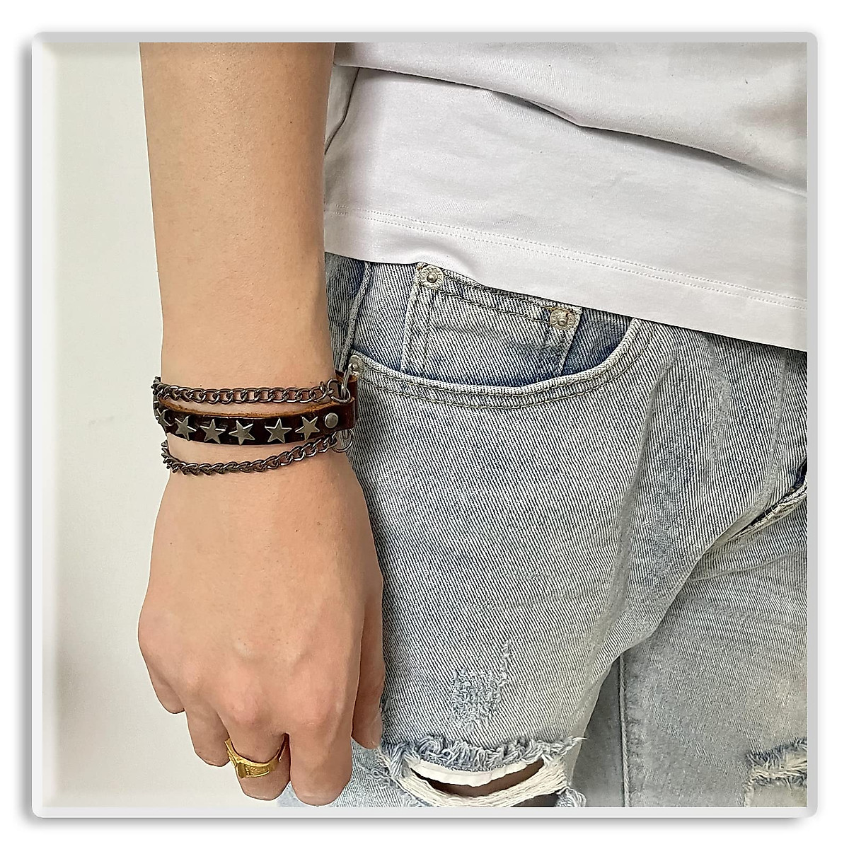 Xusamss Hip Hop Rivet Chain Leather Bracelet Alloy Star Cuff Bracelet,7.5inches