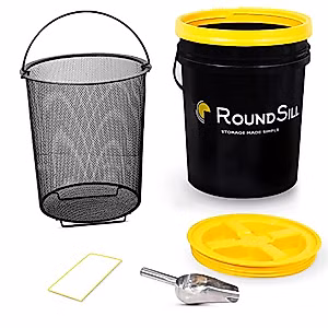 ROUNDSILL Wood Pellet Storage Containers for Smoker - XL 20LB Grill Bucket with Lid, Dust Sifter, Scoop, Aroma Lock Gamma Lid Accessories Holder Organizer