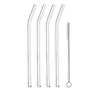 Hummingbird Glass Straws Clear Bent 9" x 9.5 mm Made With Pride In The USA - Perfect Reusable Straw For Smoothies, Tea, Juice, Water, Essential Oils - 4 Pack With Cleaning Brush