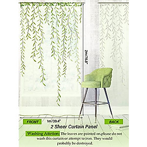 Willow Voile Curtains Cute Green Sheers Leaf Curtain Tulle Vine Window Curtains Nursery Green Sheers Ivy Pretty Curtain for Kids Living Room Bedroom Window Door Balcony (2 Pieces,39.4 x 78.7 Inch)