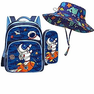 YUNYINIE 16.5" Space Astronaut School Backpack Set and Bucket Hat for Kids, Cute Lightweight Preschool Backpack for Toddlers Boys Girls