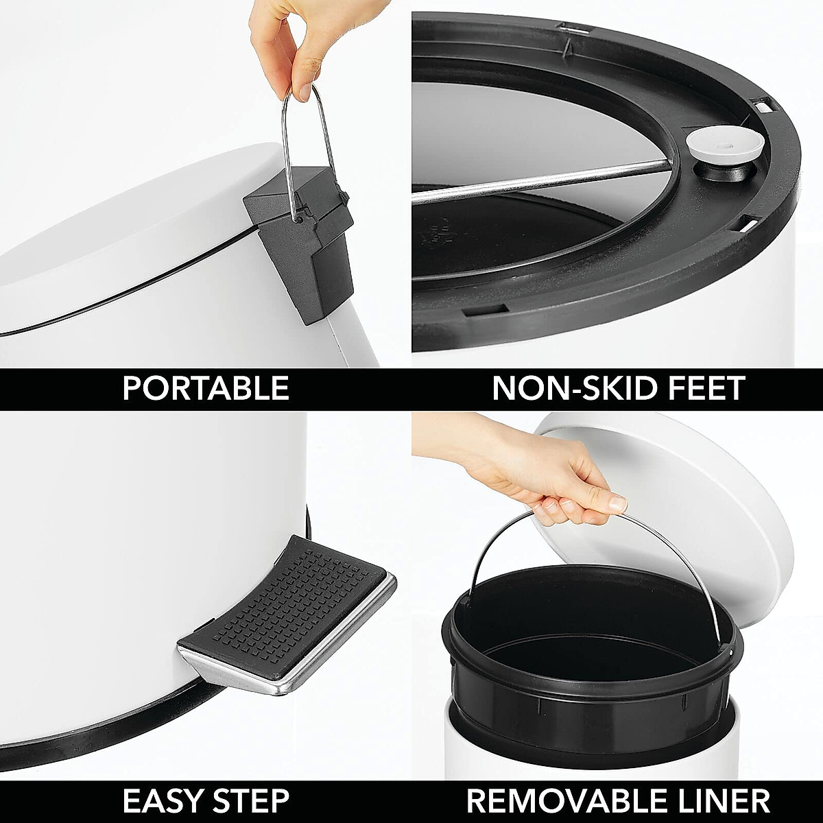 mDesign 3.2 Gallon/12 Liter Round Metal Step Trash Wastebasket, Garbage Container Bin for Bathroom, Powder Room, Bedroom, Kitchen, Craft Room, Office - Removable Liner Bucket - White