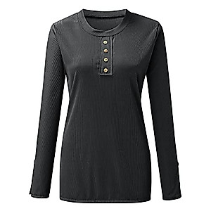 Long Sleeve Tops for Women Rib Knit Crewneck Button Lace Sleeve Fall Tshirts Patchwork Summer Lace Trim Printed Trendy Tunic Blouses Autumn Henley T-shirts Fitted Tee Casual Shirts to Tie Dye Gray