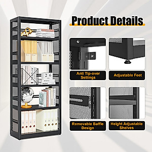 5 Tiers Bookshelf Tall Bookcase Shelf Storage Organizer Book Rack Utility Shelf Metal Shelf Adjustable Garage Shelving Organizer Rack for Kitchen Laundry Garage Bathroom Pantry Office 68" H*28"W*13"D
