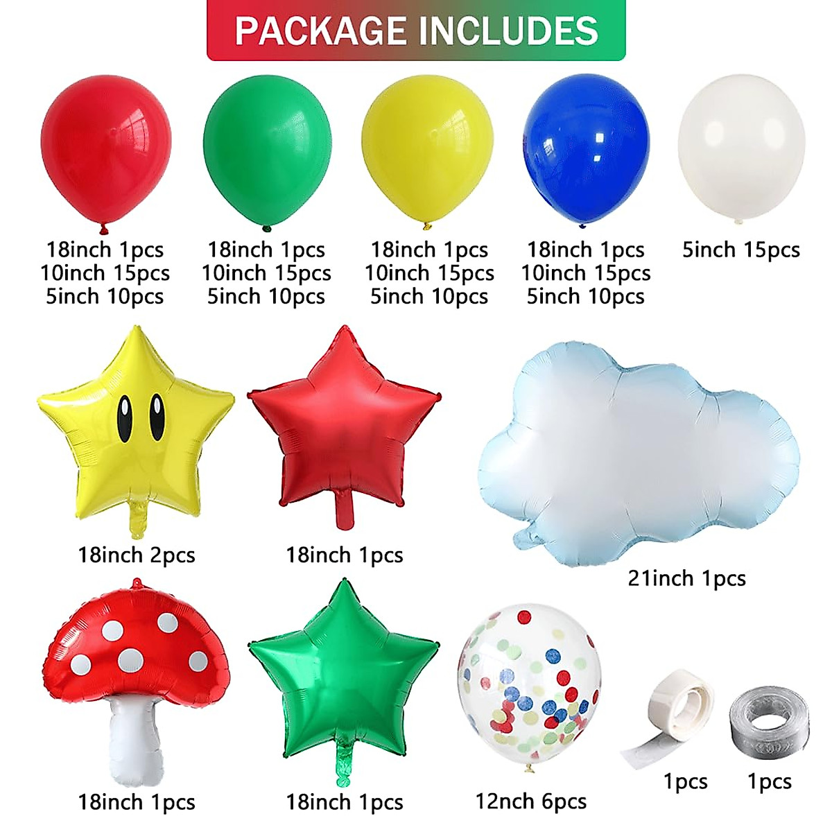 133Pcs Red Blue Green Yellow Balloon Garland Kit with Confetti Balloon Cloud Mushroom Star Balloons for Cartoon Video Game Theme Birthday Birthday Party Supplies