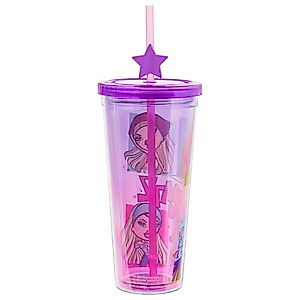Silver Buffalo Bratz Dolls Featuring Cloe, Yasmin, Jade, and Sasha Pink and Purple Plastic Cold Cup with Lid and Straw Topper, 24 Ounces