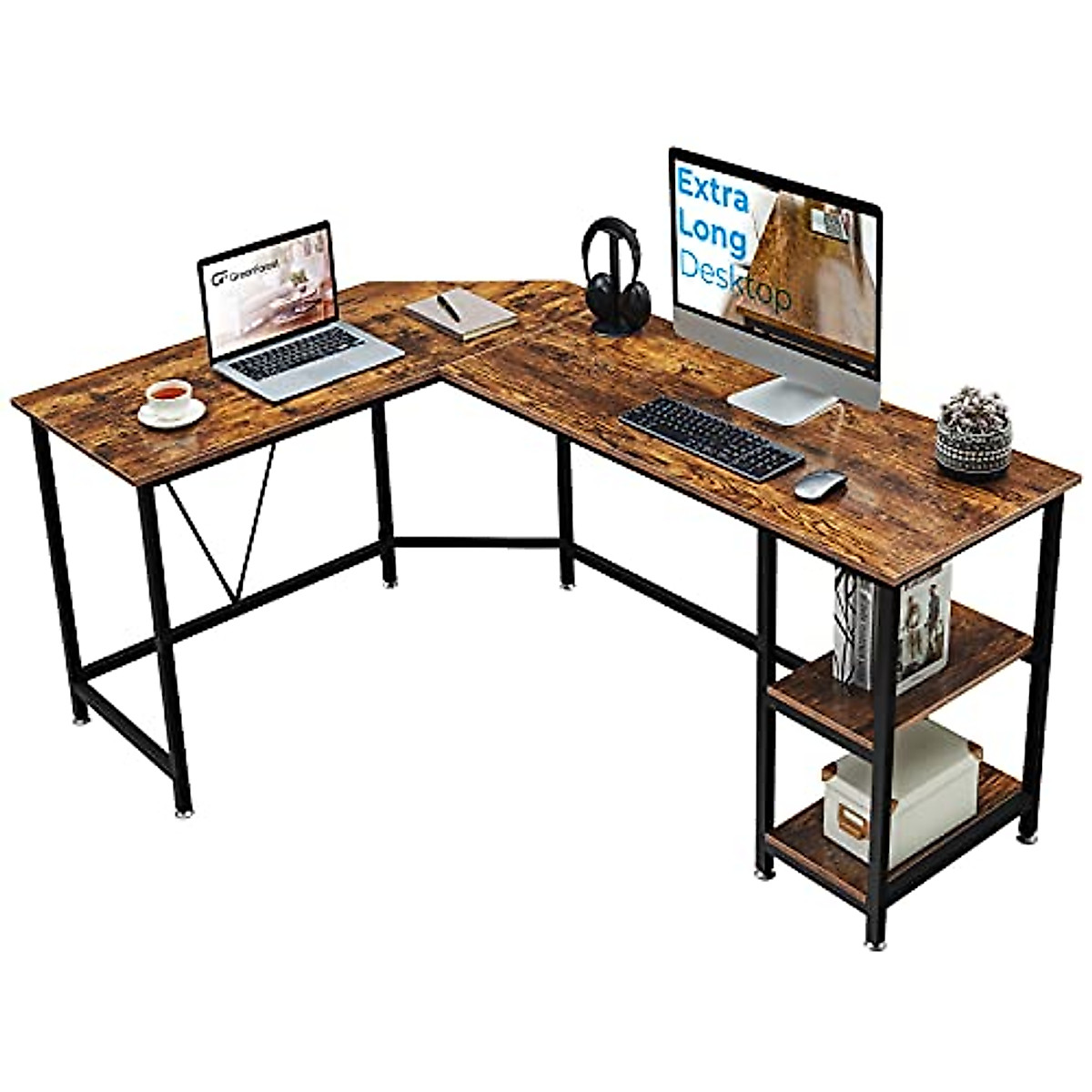 GreenForest L Shaped Corner Desk 65.7 inch with Storage Shelf and 2 Drawers File Cabinet Wooden Lateral File Cabinet with Open Storage Shelves