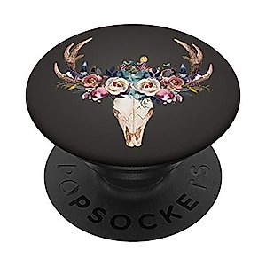 Artsy Watercolor Flower Wreath Bouquet Deer Skull on Black PopSockets PopGrip: Swappable Grip for Phones & Tablets