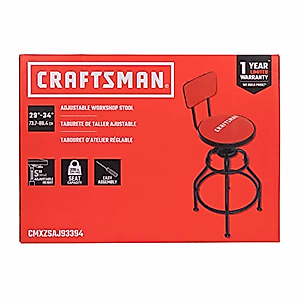 Craftsman Adjustable Height Work Shop Stool, 29 to 34-inches Tall, Rip-Resistant Padded Vinyl Seat, 300-lb Capacity, 360-degree Footrest, Non-Marring Feet