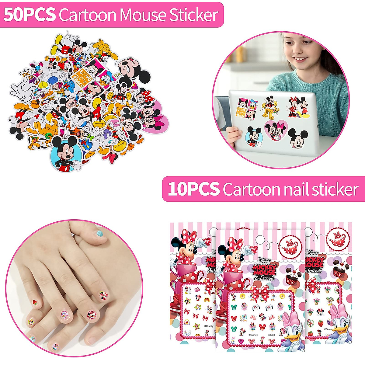 120 Pack Mouse Party Favor Set Cartoon Mouse Theme Party Supplies Includes Party Bags Keychain Silicone Bracelet Nail Stickers Headbands Shoe Decor Perfect for Kids Birthday and Classroom Game Rewards