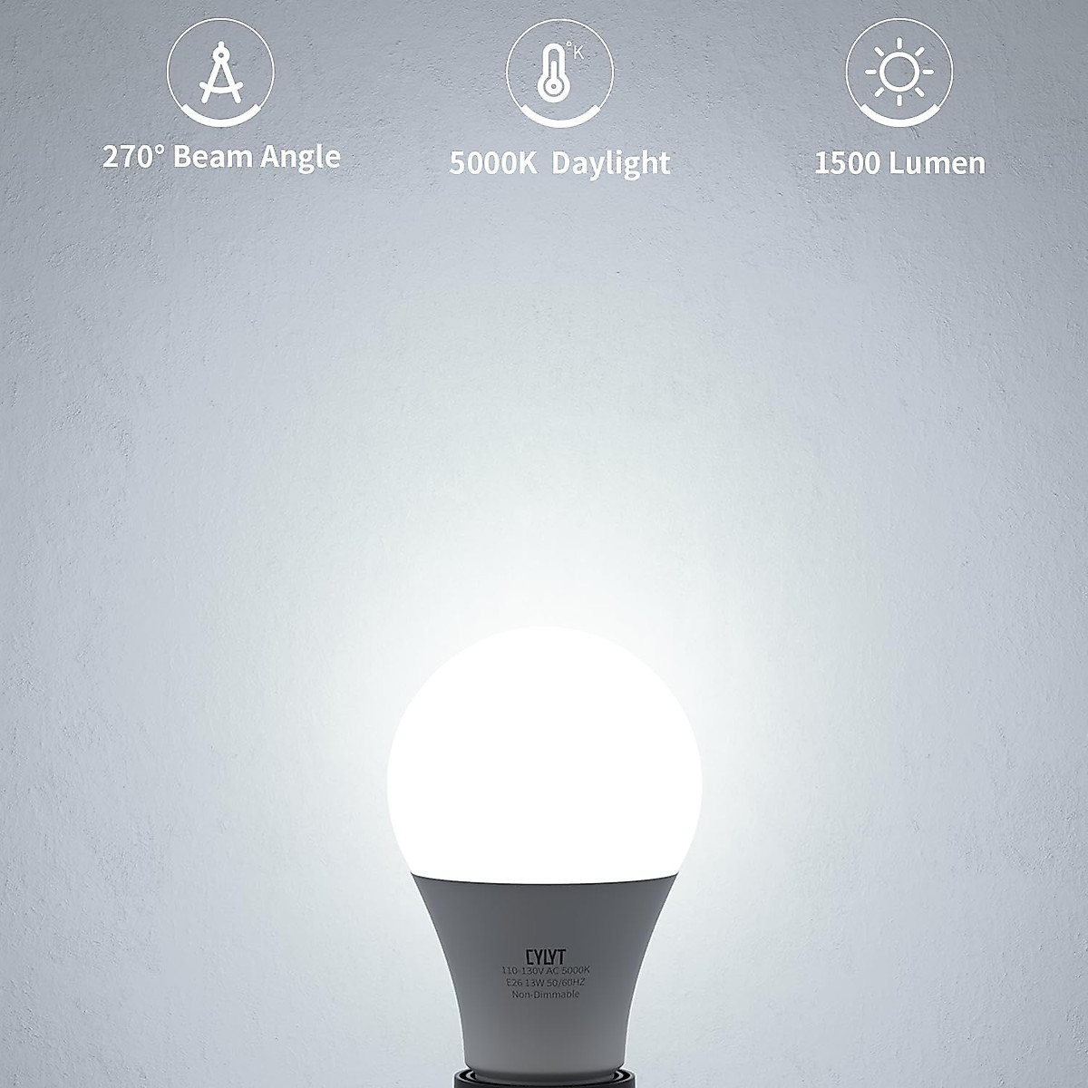 CYLYT 100W Equivalent Bright LED Light Bulbs, Daylight White 5000K A19 Lightbulbs, Focos LED para Casa, for Kitchen Bedroom Indoor, 1500 Lumens, E26 Standard Base, 4-Pack, Non-Dimmable