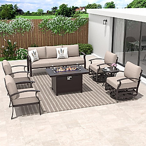 ALAULM Aluminum Patio Furniture Set with Propane Fire Pit Table Metal Outdoor Furniture w/Fire Pit Patio Conversation Sets w/5.1" Cushions and 7 Seats for Patio,Backyard,Poolside-Khaki