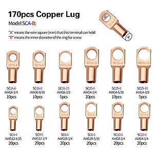 Cable Lug Crimping Tool with 170pcs Copper Wire Lugs and 210pcs Heat Shrinkable Tube, Wire Crimping Tool for AWG 10-1/0 Electrical Lug Crimper, with Cable Cutter