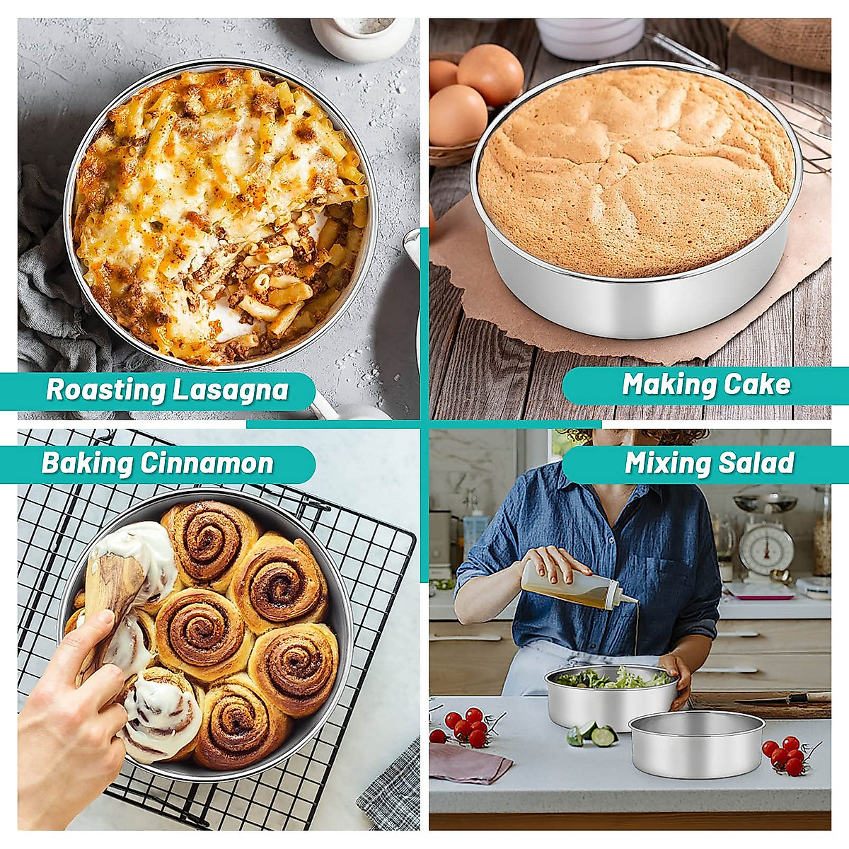 TeamFar Cake Pans, 2 PCS Stainless Steel Round 3 Inch Deep Baking Cake Pans for Wedding Birthday Party, Non-Toxic & Heavy Duty, Deep Wall & Straight Side, Dishwasher Safe