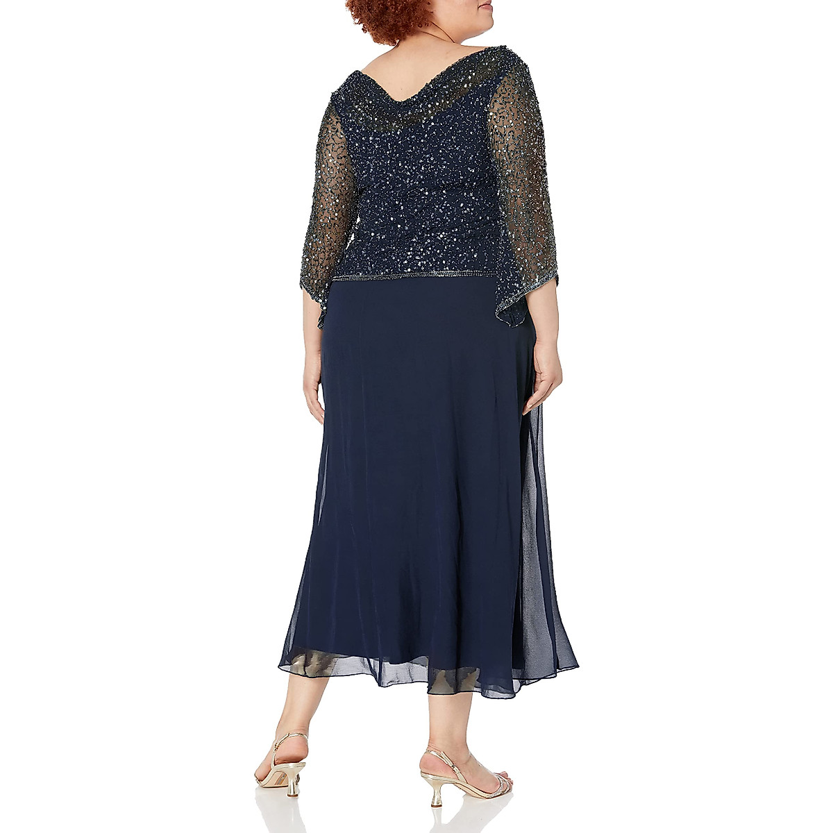 J Kara Women's Plus Size Long Beaded Dress with Cowl Neck, Navy/Mercury, 20W
