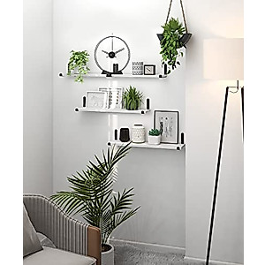 Godimerhea White Floating Shelves for Wall, Long Wall Mounted Set of 2, Modern Neutral Wooden Storage Decorative Hanging Shelf with Black Metal Brackets for Bathroom Living Room, Kitchen, 24 Inch