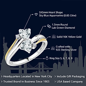 925 Silver and 10K Yellow Gold Sky Blue Aquamarine and White Lab Grown Diamond 2 Heart Promise Couple Engagement Mother Ring (0.85 Cttw, Gemstone Birthstone, Available In Size 5, 6, 7, 8, 9)