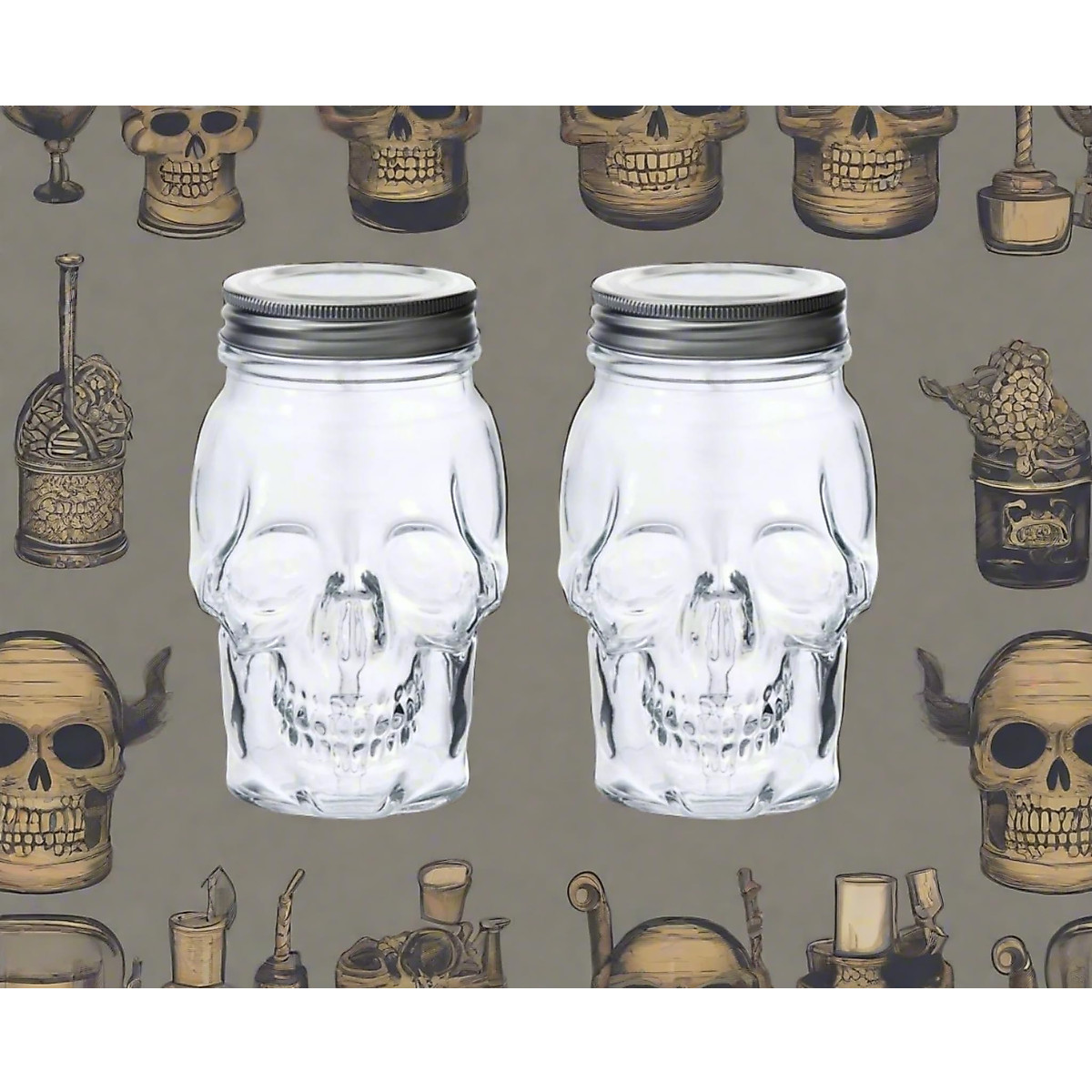 DURA LIVING Set of 2 Skull Mason Jar Glasses with Lids | 16oz Reusable Halloween Drinking Glasses | Unique Skull Décor, Storage, & Canning Jars for Parties & Gifts